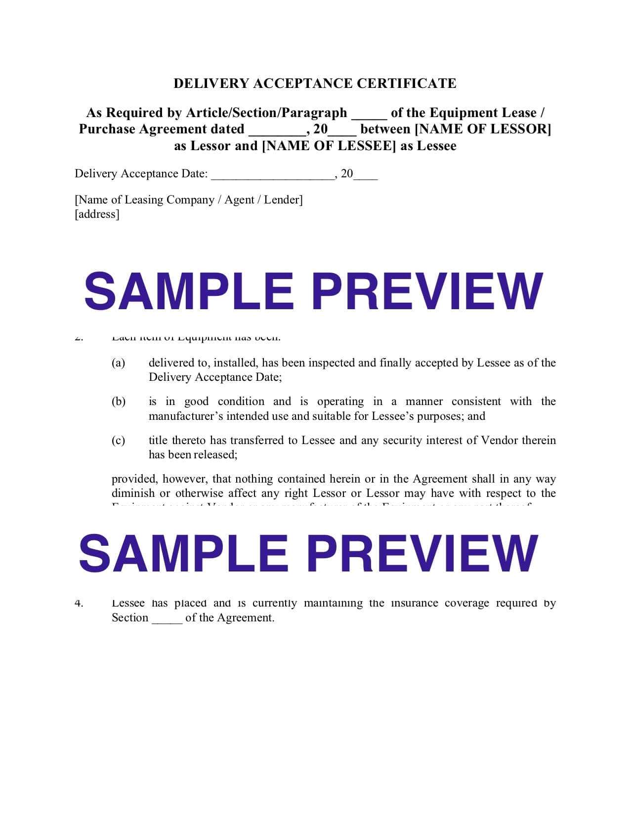 Certificate Of Acceptance Template Sample Professional Templates